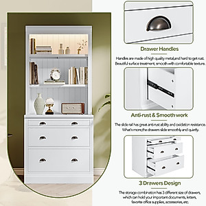 LZ LEISURE ZONE 2 Bookshelf & 1Desk Suite, 83.4" Modern Bookcase Suite with LED Lighting, Drawers and Open Shelves, 3-Piece Set Storage Bookshelf for Living Room/Home Office/Study Room, White