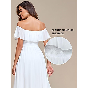 Ever-Pretty Women's Off Shoulder Ruffle Sleeve High Low A Line Chiffon White Bridesmaid Dress White US18
