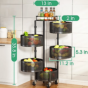 PXRACK Fruit Basket for Kitchen, 5 Tier Circular Rotating Basket Large Storage Rack with Wheels, Fruit and Vegetable Metal Wire Shelf with Top Lid for Living Room, Office, Black