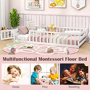 Giantex Twin Floor Bed with Door & Fence, Kids Wood Montessori Bed with Safety Guardrails, Floor Bed Frame for Kids, Boys, Girls, No Box Spring Needed, Floor Bed Twin (White)