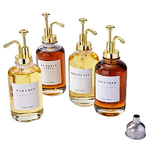 HSIOHE Coffee Syrup Dispenser for Coffee Bar,4 Pack Syrup Dispenser 16.9 oz 500 ml, Glass Syrup Bottle with Gold Upgraded Pump, Coffee Syrup Pump Dispenser, 28 Labels and Large Bamboo Tray