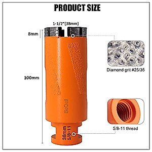 BeQell Diamond Core Drill Bit, 1 1/2 Inch Laser Welded 5/8-11 Thread Dry Granite Hole Saw for Marble Solid Block Stone Reinforced Concrete Quartz Countertop Hole Drilling(38mm)