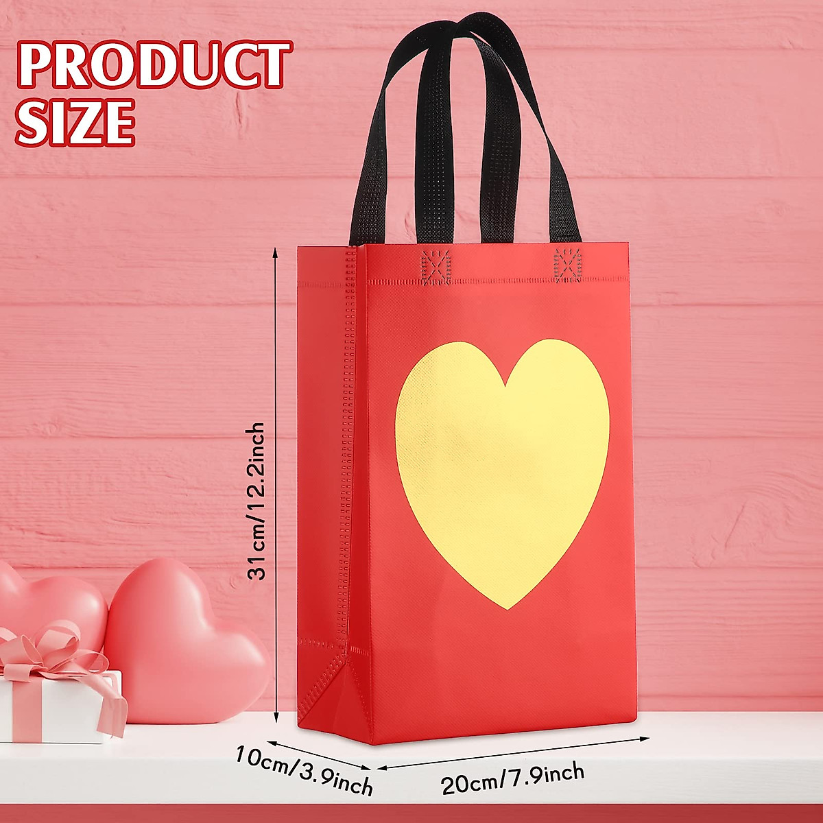 48 Pcs Red Gift Bag with Shiny Gold Heart Print Reusable Gift Bags with Handles Non Woven Red Tote Bag for Wedding Birthday Bridal Shower Engagements Party Anniversaries, 8 x 12 x 4 Inch(null)