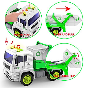 Gizmovine Garbage Truck Toys, 2 Pack Trash Truck Toys with Light and Sound, Friction-Powered Back Dump Garbage Recycling Truck Toy Set with 4 Trash Cans, Gift for 3+ Years Old Kids Boys Girls