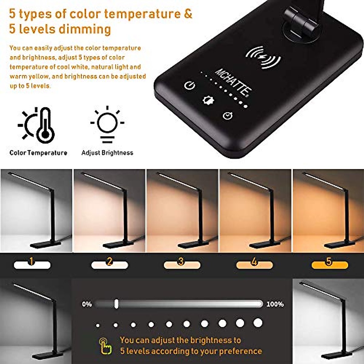 mchatte LED Desk Lamp with Wireless Charger, USB Charging Port, Dimmable Eye-Caring Desk Light with 5 Brightness Levels & 5 Lighting Modes, Touch Control, Auto Timer (Black)