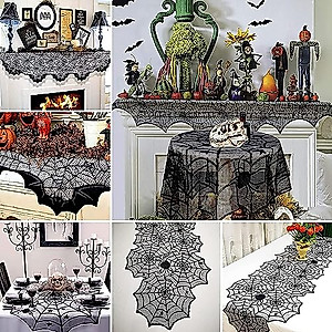 7 Pack Halloween Decorations Indoor Set- Halloween Fireplace Mantel Scarf&Spider Table Runners&Round Tablecloth&Halloween Banner&Cobweb Lampshade&Coasters&3D Bat Sticker for Halloween Party Decors (F)