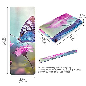 GOODOLD Butterfly and Pink Flower Yoga Mat, 71 x 26 Inch Non-slip Yoga Mats Folding Travel Exercise Mat Indoor Outdoor Gym Pilates with Storage Bag for Women Men