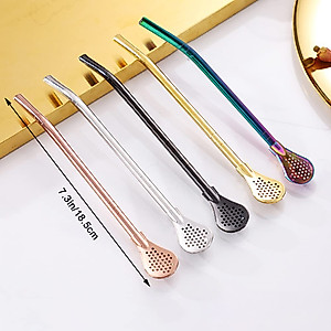2Pcs Removable Stainless Steel Straw Filter Spoon with 2 Cleaning Brush, Yerba Mate Bombilla Straw, Reusable Metal Straw Spoon Cocktail Stirrer for Drinking Loose Tea, Ice Coffee, Black