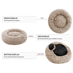 CEVICOLZE Small Cat Bed for Indoor Cats, Self-Warming Donut Kitty Bed for Small Cats Keeping Warm, Washable Pet Bed with Anti Slip Base, Khaki 15.8‘’