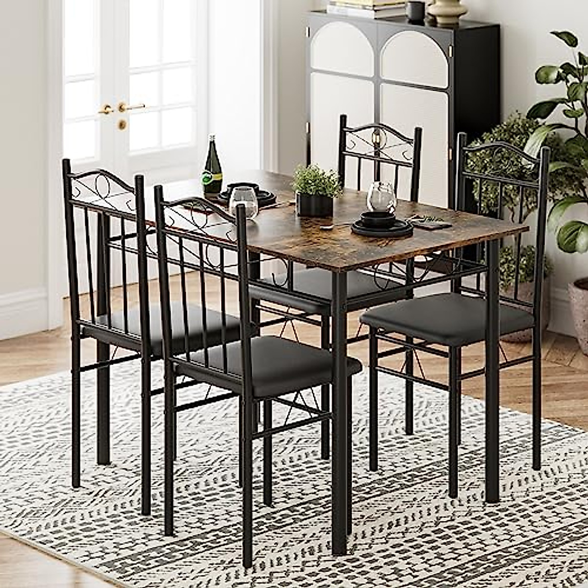 Aobafuir Kitchen Dining Room Table Sets for 4, 5 Piece Metal and Wood Rectangular Breakfast Nook, Dinette with Chairs, Industrial Retro Brown