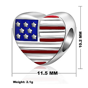 Patriotic Proud American USA Flag Charms 925 Sterling Silver Enamel Travel Country Bead (Heart)
