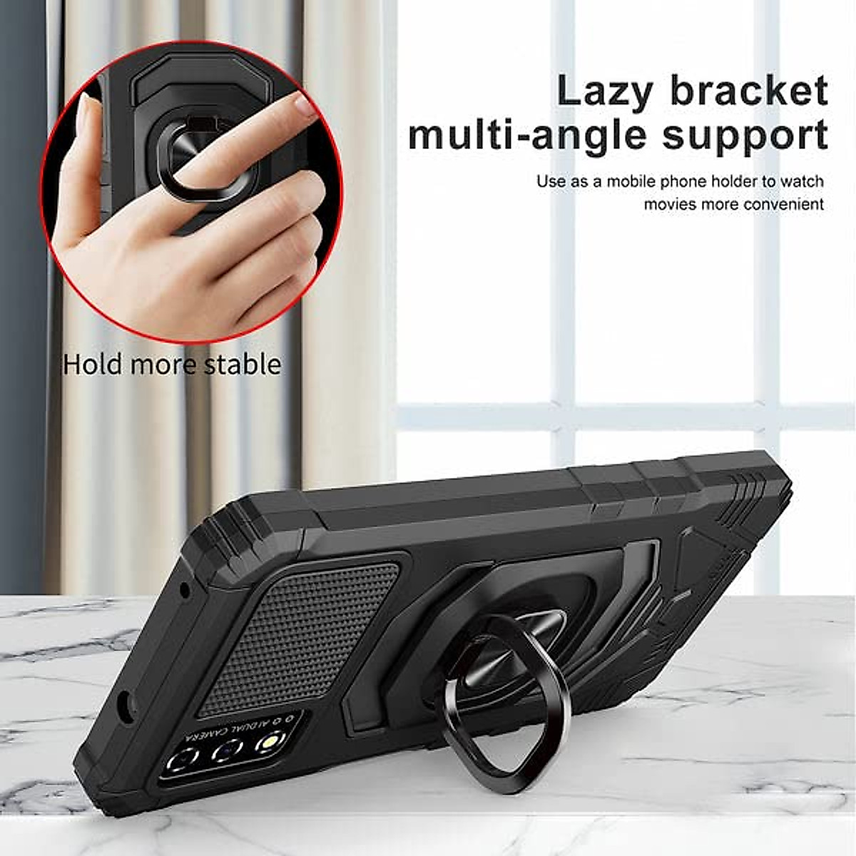 spycase Case Compatible for T-Mobile REVVL V Case w/Tempered Glass Screen Protector [Military Grade] Ring Car Mount Kickstand Shockproof Hard Phone Case - Black