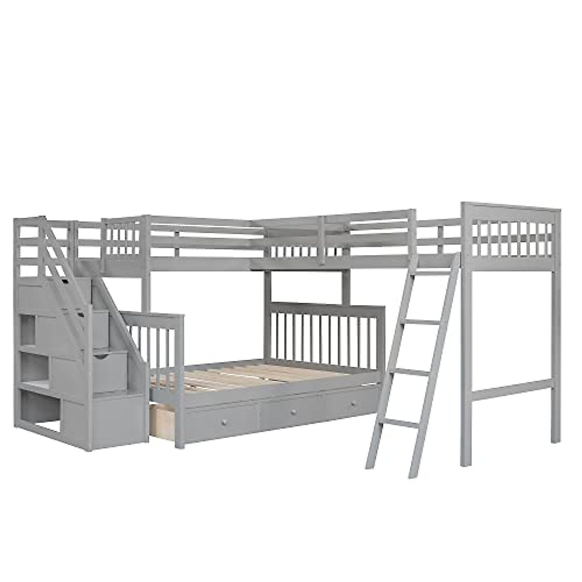 BOVZA Twin Over Full L-Shaped Bunk Bed Corner Loft Bunk Beds with Storage Drawers, Angled Ladder and Stairs, Wood Triple Bunk Bed for 3 Kids Teens Adults, Gray