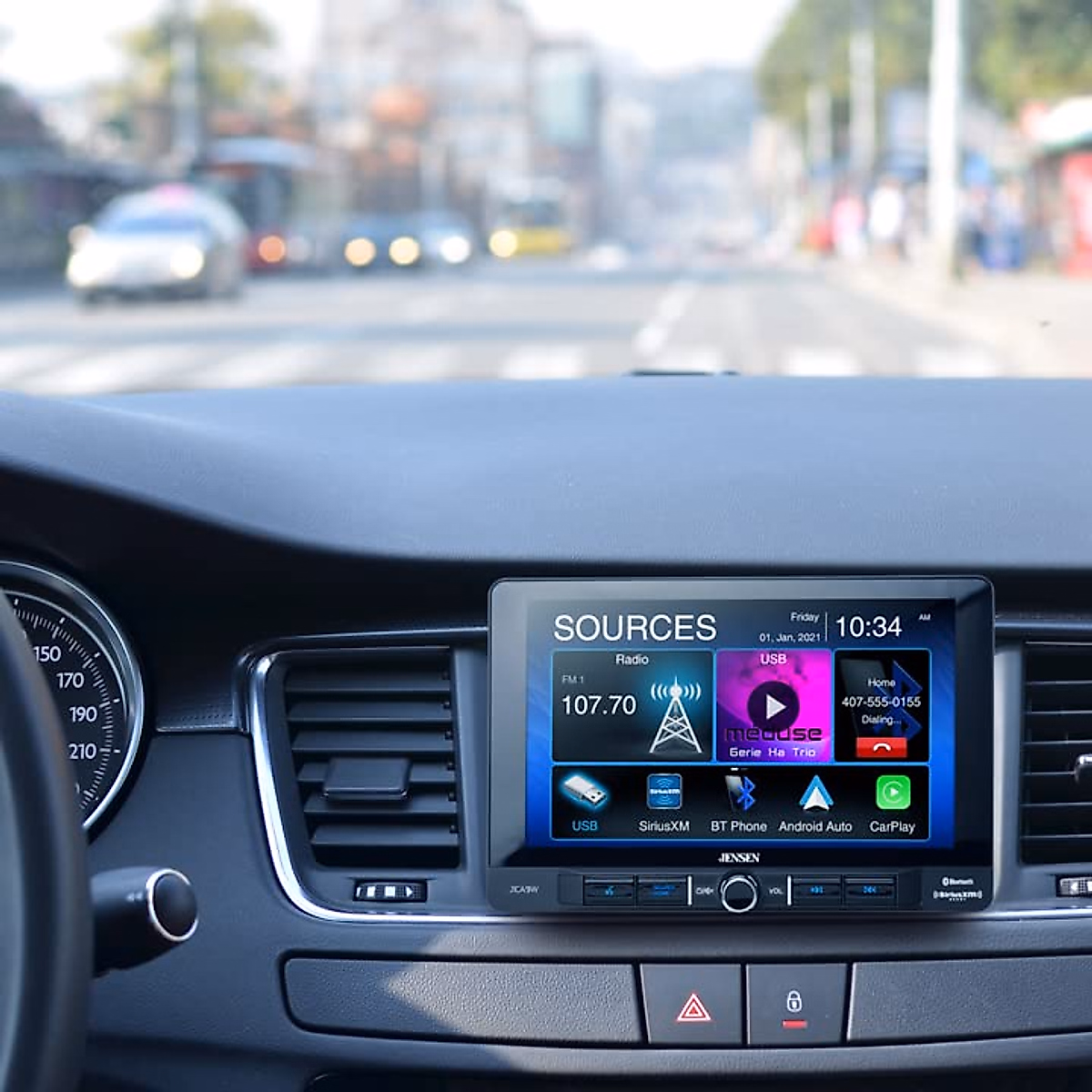 Jensen J1CA9W 9-inch Certified Apple CarPlay Android Auto Wired or Wireless | Single DIN Touchscreen Car Stereo Receiver | Bluetooth | Backup Camera Input | USB Playback & Charge | Sirius XM Ready