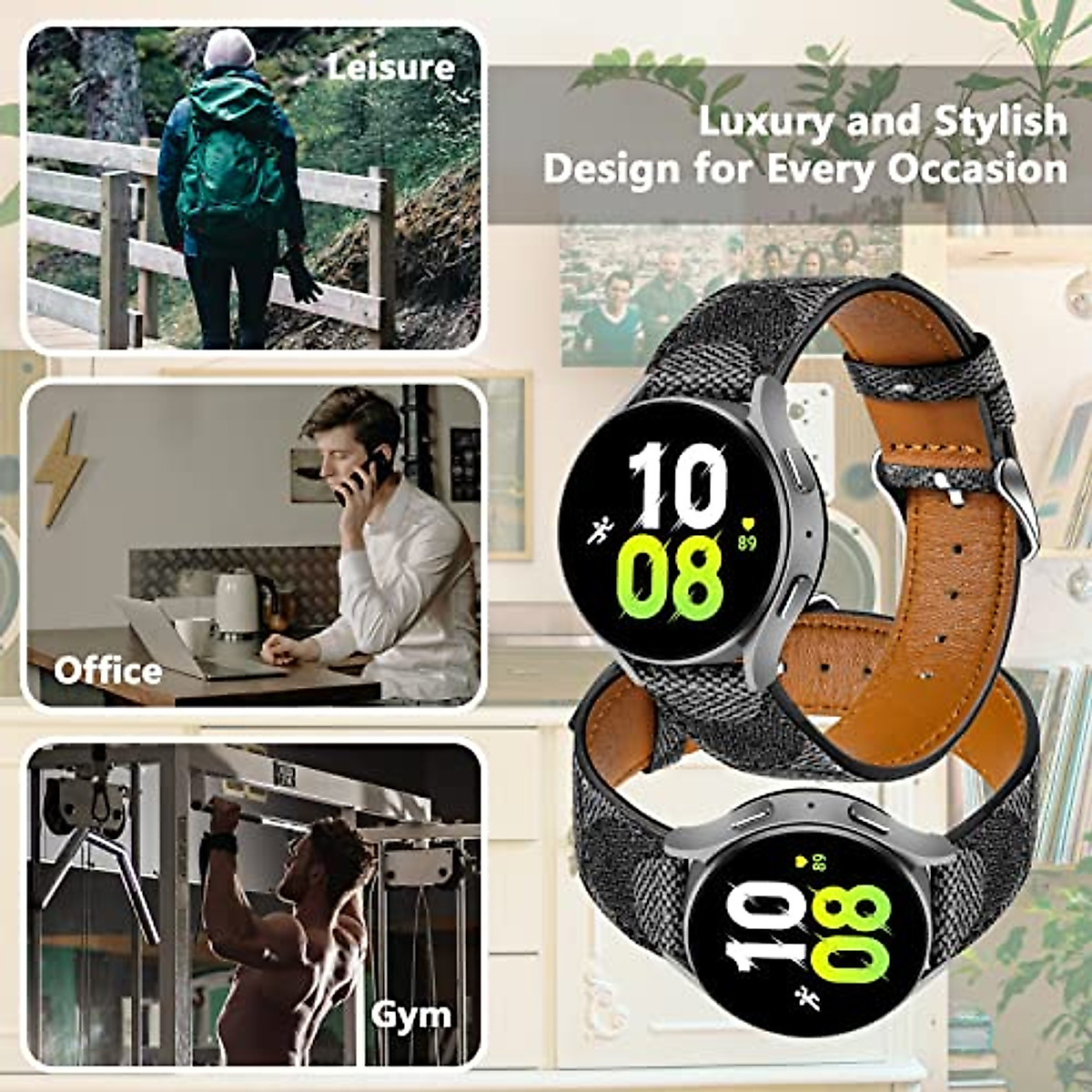 Leather Bands Compatible with Samsung Galaxy Watch 5/4 40mm 44mm/Watch 5 Pro 45mm/Watch 4 Classic 42mm 46mm, 20mm Luxury Retro Leather Straps for Galaxy Active 2 40mm 44mm/Watch 3 41mm Women Men