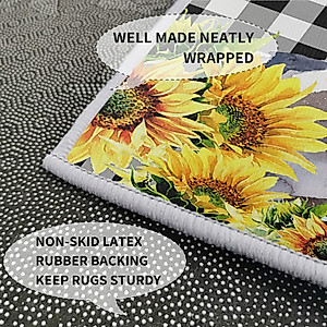 Kitchen Mat Set 2 Kitchen Rugs, Watercolor Cow Sunflower Farm Soft Waterproof Non-Slip Rubber Backing Floor Mats Bathroom Runner Area Rug Carpet, 20x24in + 20x48in Checkered Black Buffalo Plaid