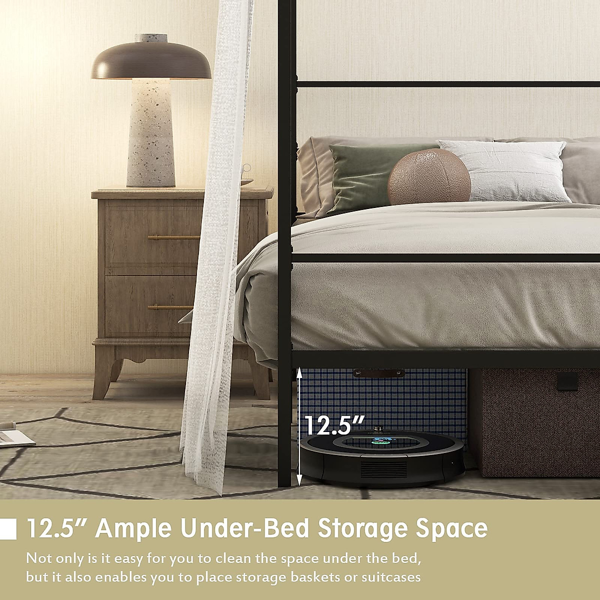 GOFLAME Full Size Metal Canopy Platform Bed Frame, Modern Canopy Bed with 4 Posters, Underbed Storage, Mattress Foundation with Steel Slat Support and Headboard, Easy Assembly, No Box Spring Needed