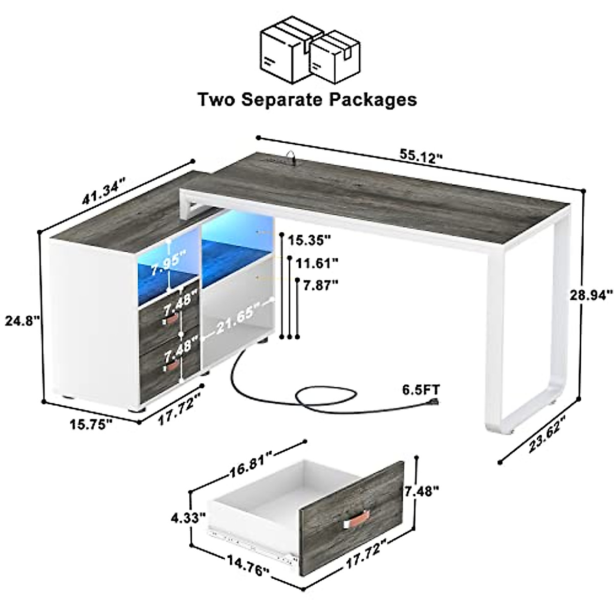Homieasy L Shaped Desk with File Cabinet & Power Outlet, 55 Inch Large Corner Computer Desks with LED Strip, L-Shaped Computer Desk with Drawers and Storage Shelves for Home Office, Grey & White