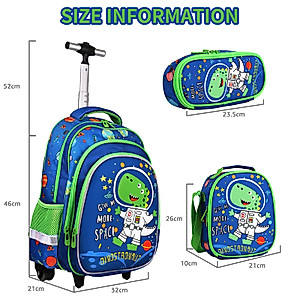 Rolling Backpacks for Girls, Boys Backpack Trolley Bag, Kids Wheeled Backpack with Lunch Bag Pencil Case Cartoon Printed Primary School Bag Set 16 inch Pupils Satchel Rolling Backpack for Children Students