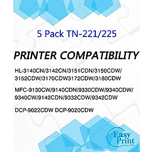 Compatible (5-Pack, 2X BK+C+M+Y) TN221 TN225 Toner Cartridge High Capacity Used for Brother HL-3140CW 3142CN 3151CDN 3150CDW 3152CDW 3170CDW 3172CDW 3180CDW Printer, Sold by EasyPrint