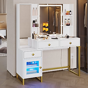 BTHFST Vanity Desk with Full Length Mirror and Lights, Makeup Vanity with Lights and Charging Station, Large Makeup Table with Drawers Shelves Cabinet, Vanity Table with Ambient Light, White and Gold