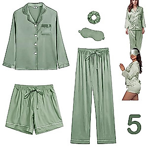 WJing Yi Jia 5Pcs Womens Silk Satin Pajamas Sets Long Pj Sets Button Down Pjs Set Sleepwear
