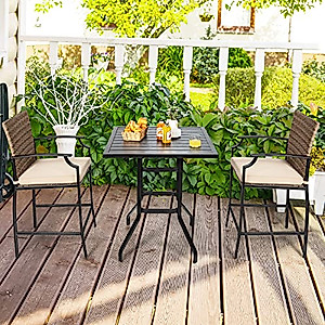 Tangkula Patio Rattan Bar Stools Set of 4, Outdoor Wicker Bar Height Chairs W/Soft Cushions, High Backrest & Curved Armrest, Convenient Footrest, Ideal for Garden, Poolside, Balcony