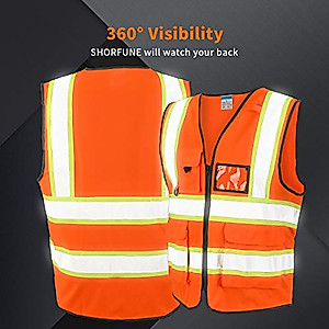 SHORFUNE High Visibility Safety Vest with Pockets, Mic Tab, Reflective Strips and Zipper, ANSI/ISEA Standards,Oange,M