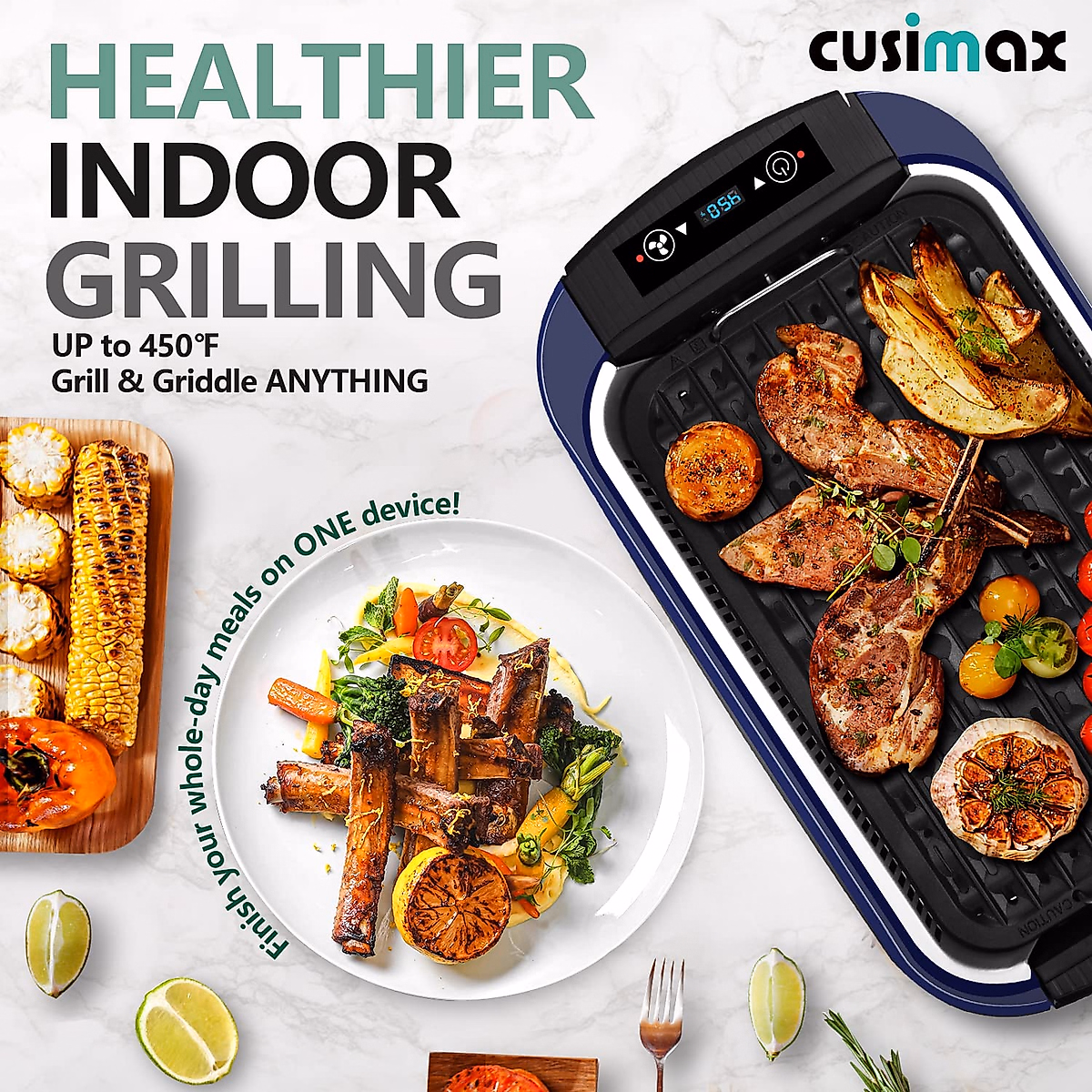 Smokeless Grill, CUSIMAX 1500W Indoor Grill, Electric Grill Griddle with LED Smart Display & Tempered Glass Lid, Portable Korean BBQ Grill, Non-stick Removable Grill & Griddle Plate