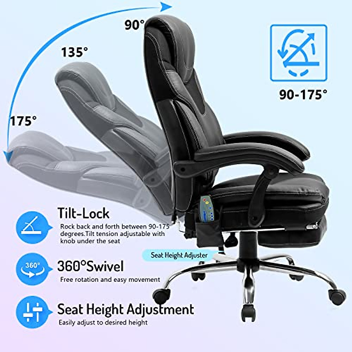 Massage Reclining Office Chair with Footrest, High Back Office Chair Computer Chair Home Office Desk Chair Ergonomic Executive Office Chair with Armrests, Adjustable Height/Tilt