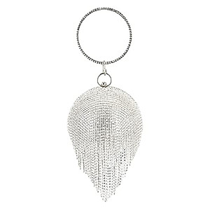 GripIt Women's Evening Round Ball Tassels Bag Diamond Clutch Purse Glitter Party Wedding Handbag with Chain,Silver
