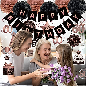 BRT Bearingshui Happy 60th Birthday Hanging Swirls Streamers Decoration Set, Happy Birthday Banner with Tissue Pompoms, Rose Gold and Black 60 Years Old Birthday Party Hanging Backdrop Decorations