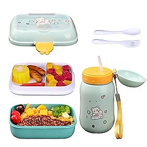 Generic Bento Box Lunch Set for Adults, Blue, Polypropylene, 2 Tiers, 3 Compartments, Spoon, Fork, Water Bottle