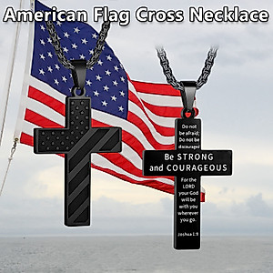 HattiDoris American Flag Cross Necklace for Men Stainless Steel Box Chain 22+2 inch Inspirational Bible Verse Cross Pendant Patriotic Jewelry Personalized Christian Gift for Men(B-Be Strong)