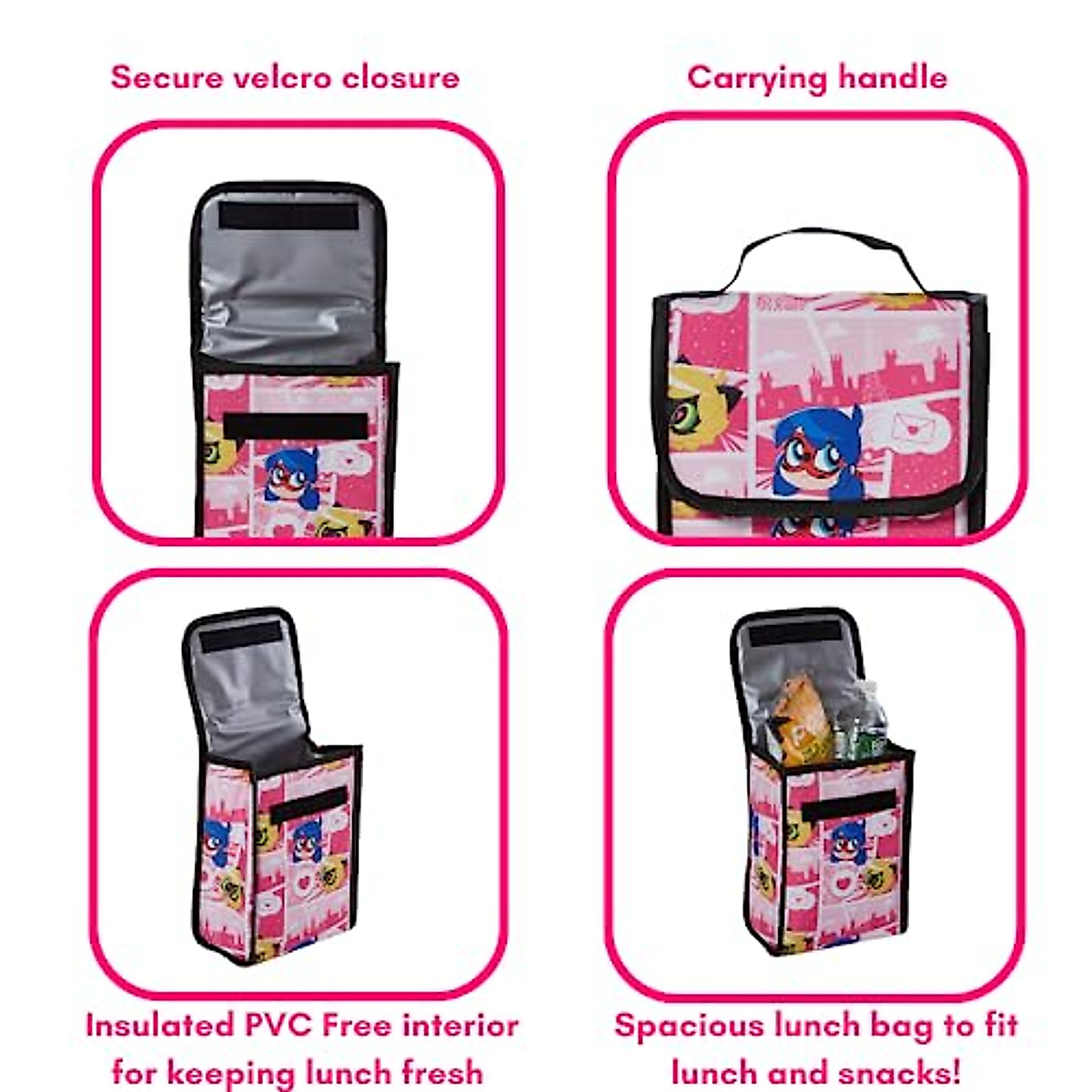 Miraculous Ladybug Cat Noir Backpack Set with Lunch Bag for Girls, 16 inch, 5 Piece Value Set, Pink