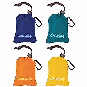 ChicoBag Original Compact Reusable Grocery Bag w/Attached Pouch and Carabiner Clip | Eco-Conscious Packable Tote | Variety 4pk - Mazarine, Aqua, Orange Peel, & Yellow (Pack of 4)