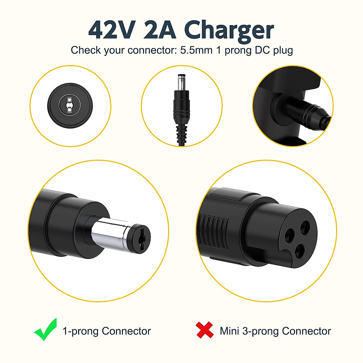 42V 2A Charger 1 Prong for 36V Electric Scooter Lithium Battery, Compatible with Jetson Bolt GOTRAX GXL V2, G2, G3, G4, Apex, Glider, XR Elite, XR Ultra, Hiboy S2, Rival 36 Volt Electric Scooter