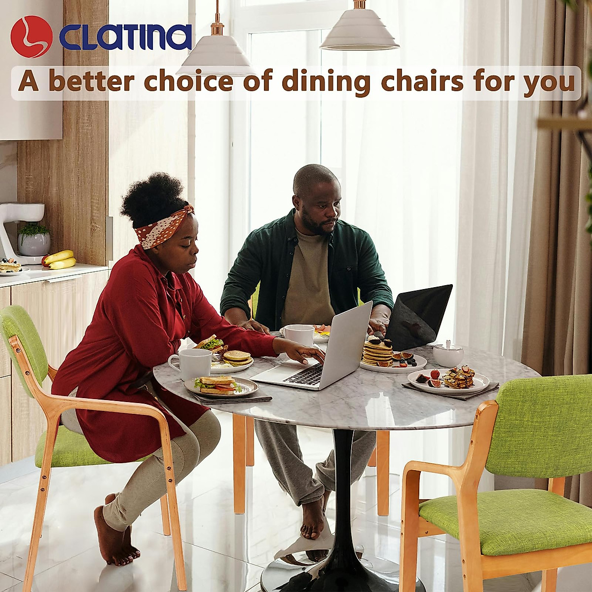 CLATINA Green Wood Mid Century Accent Chair, Fabric Armchair Side Chair with Comfort Seat Backrest for Dining Living Room Bedroom Reading Room Balcony(2P)