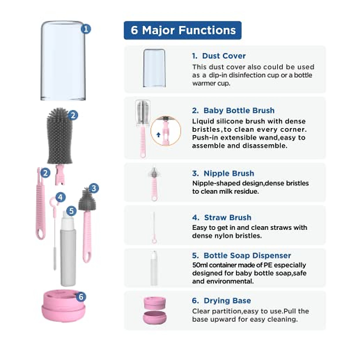 YOTIME Travel Baby Bottle Brush Set, Silicone Bottle Brush with Nipple Cleaner and Stand, Pink