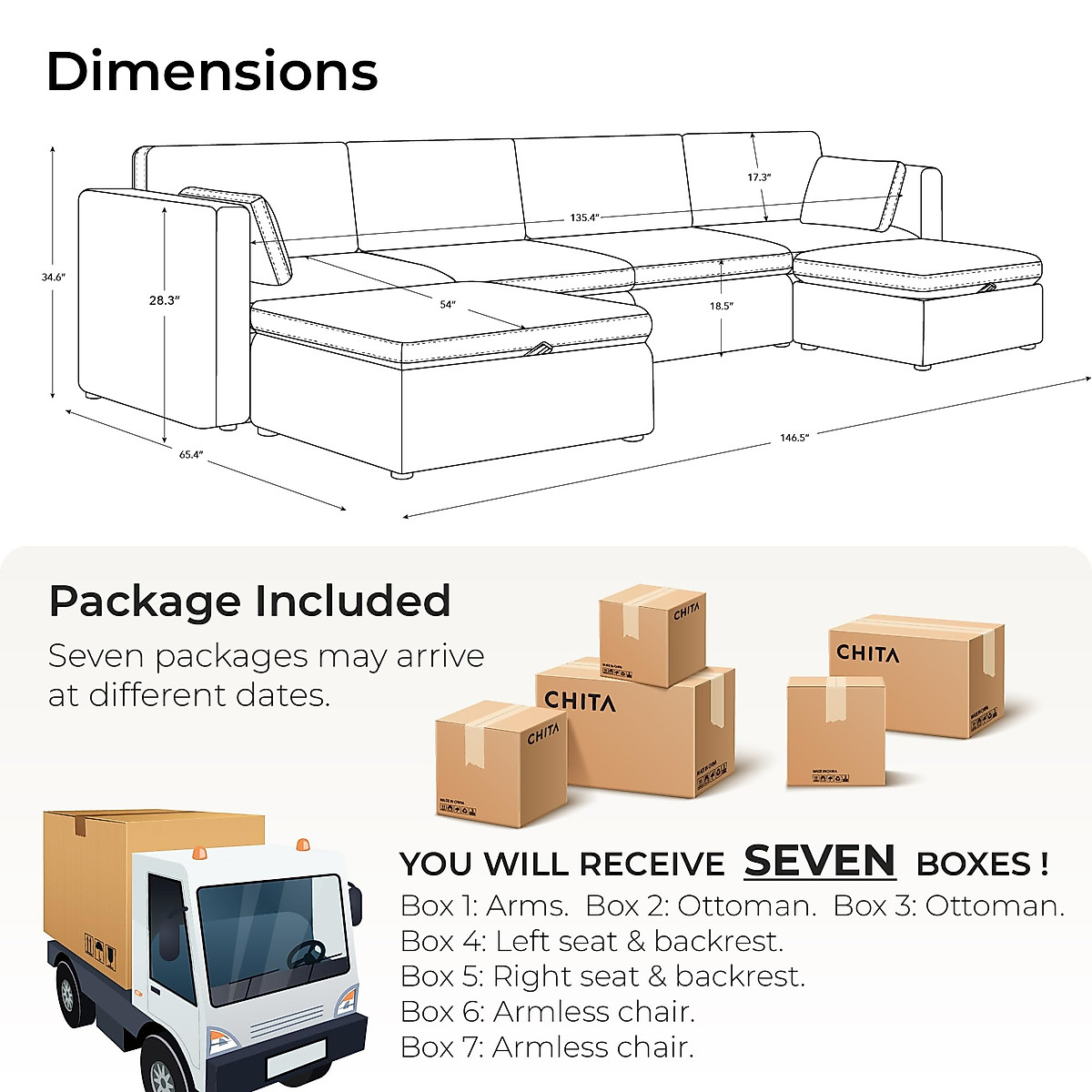 CHITA Oversized Modular Sectional Fabric Sofa Set, FSC Certified Extra Large U Shaped Couch Reversible Chaise Modular Sectional Couch,146 inch Width,6 Seat Modular Sofa with Storage Ottomans, Blue