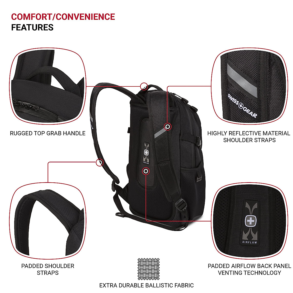 SwissGear 3598 Backpack Narrow Daypack, Black Ballistic, 18-Inch