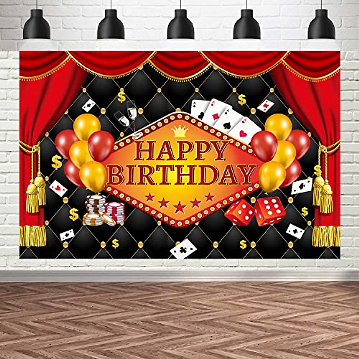 MEETSIOY Casino Birthday Backdrop Red Curtain Gold Tassel Photo Booth Card Chip Banner Decorated with Alaskan Party Photo Supplies 5x3ft RBJGJMT151