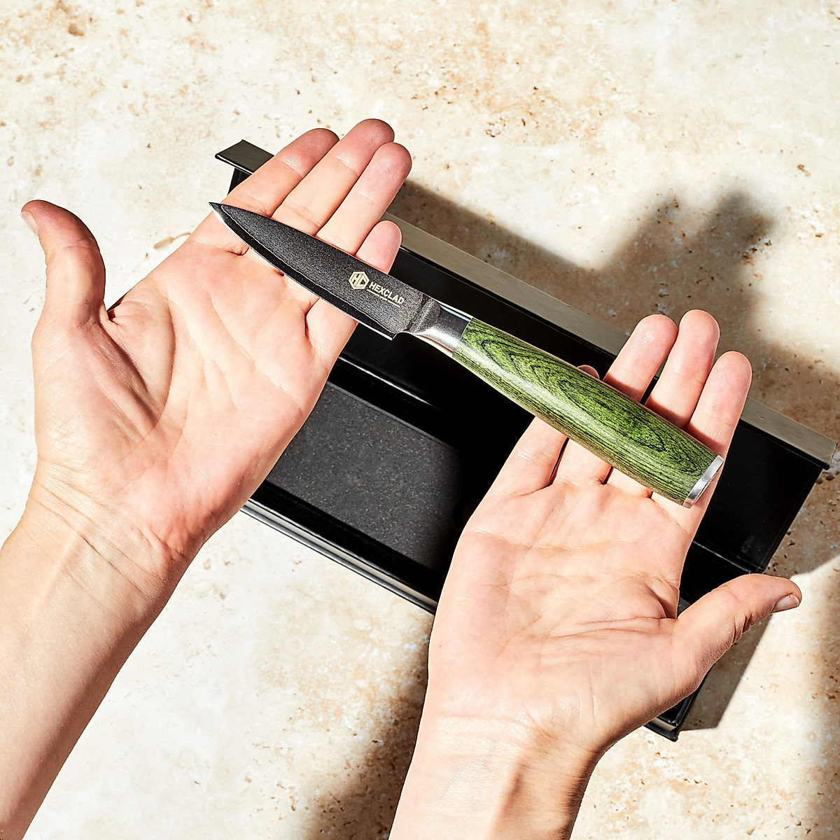 HexClad Paring Knife, 3.5-Inch Japanese Damascus Stainless Steel Blade, Pakkawood Handle