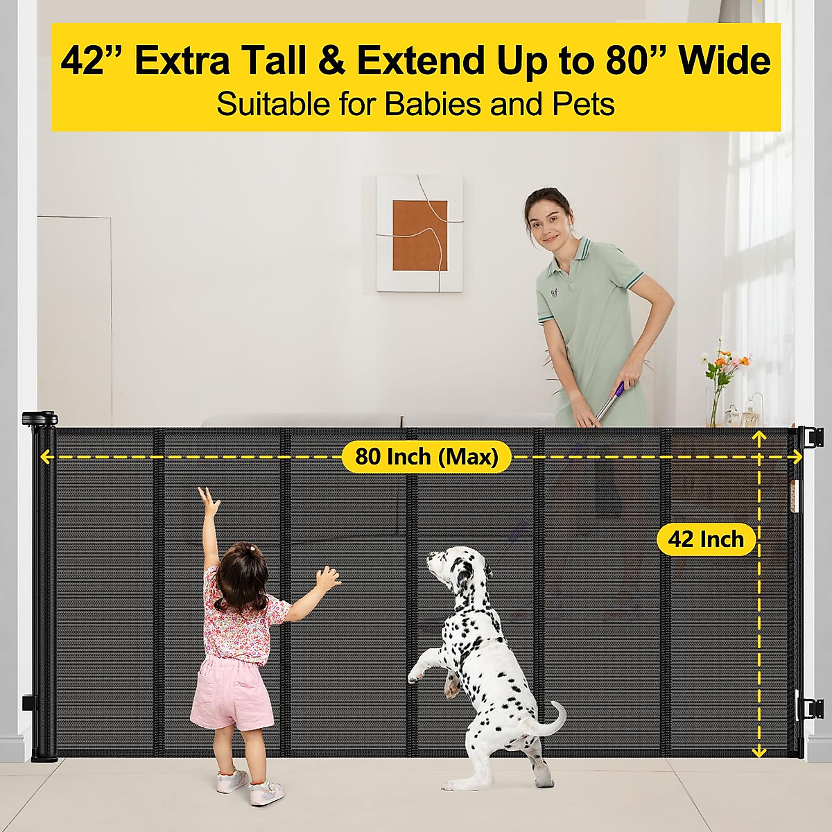 Enhanced 42” Extra Tall & 80” Wide Retractable Baby Gates with Rods to Prevent Crawling Through, Extra Tall Pet Gate for Large Openings Indoor Long Mesh Dog Gate for Stairs and Doorways, Black