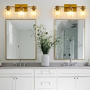 Eatich Bathroom Light Fixtures, 3-Light Brushed Gold Bathroom Vanity Light, Brass Vanity Lights for Bathroom with Clear Glass Shade, Modern Vintage Bathroom Lights Over Mirror