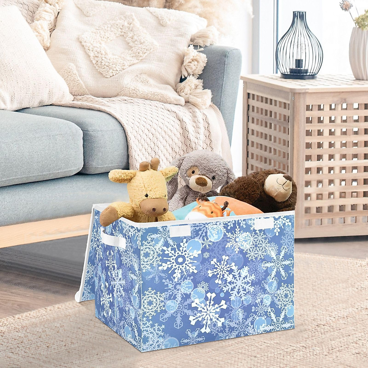 Krafig Snowflakes Decorative Storage Box with Lid Large Bins Baskets Foldable Cube Organizer Collapsible Containers for Organizing, Toy, Home, Shelf, Closet