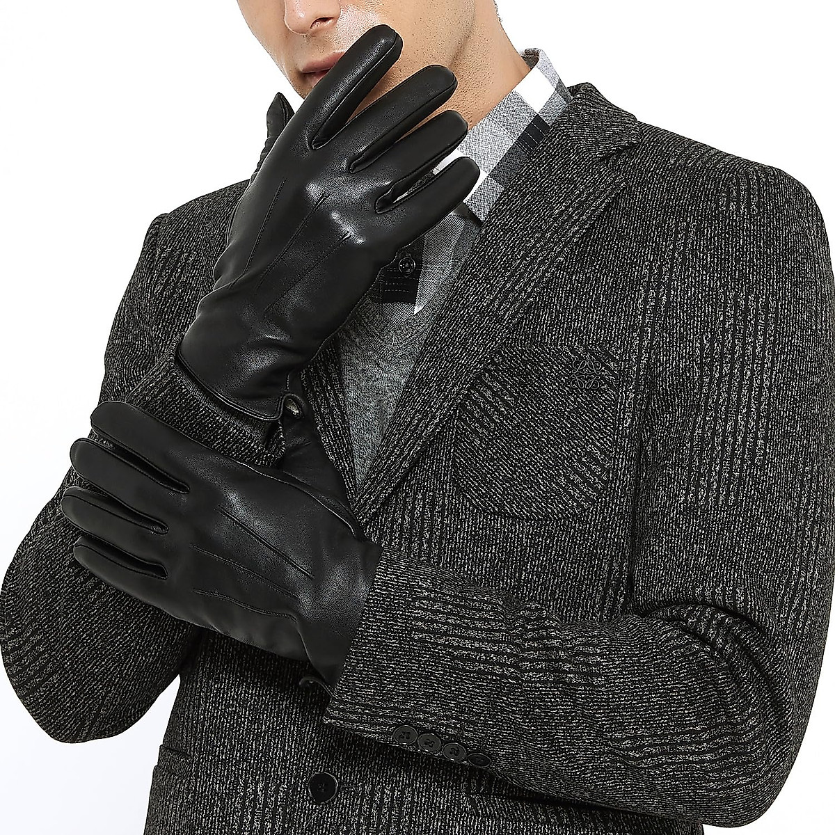 ZLUXURQ Luxury Mens Leather Gloves Cashmere Lined-Soft Comfortable Lambskin