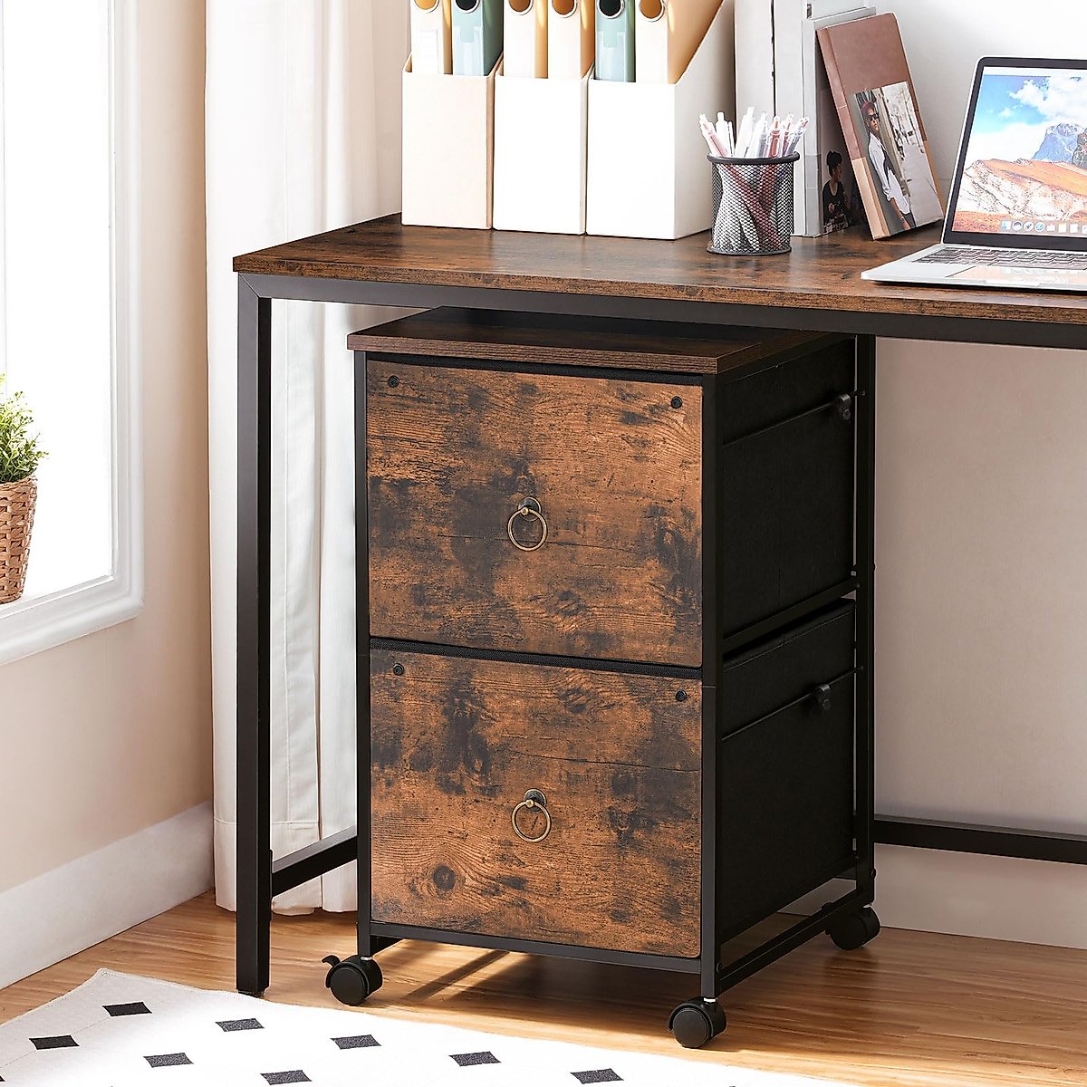 HOOBRO 2 Drawer Mobile File Cabinet, Rolling Printer Stand, Vertical Filing Cabinet, Office Cabinet, Filing Cabinet for Home Office, A4/Letter Size, Nonwovens Drawer, Rustic Brown BF20WJ01