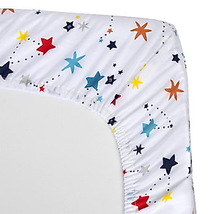 Fisher Price Space Explorer Fitted Crib Sheet Cotton Stars, Space Themed Nursery Bedding 28 x 52” Fitted Crib Sheet for Standard Crib Mattress