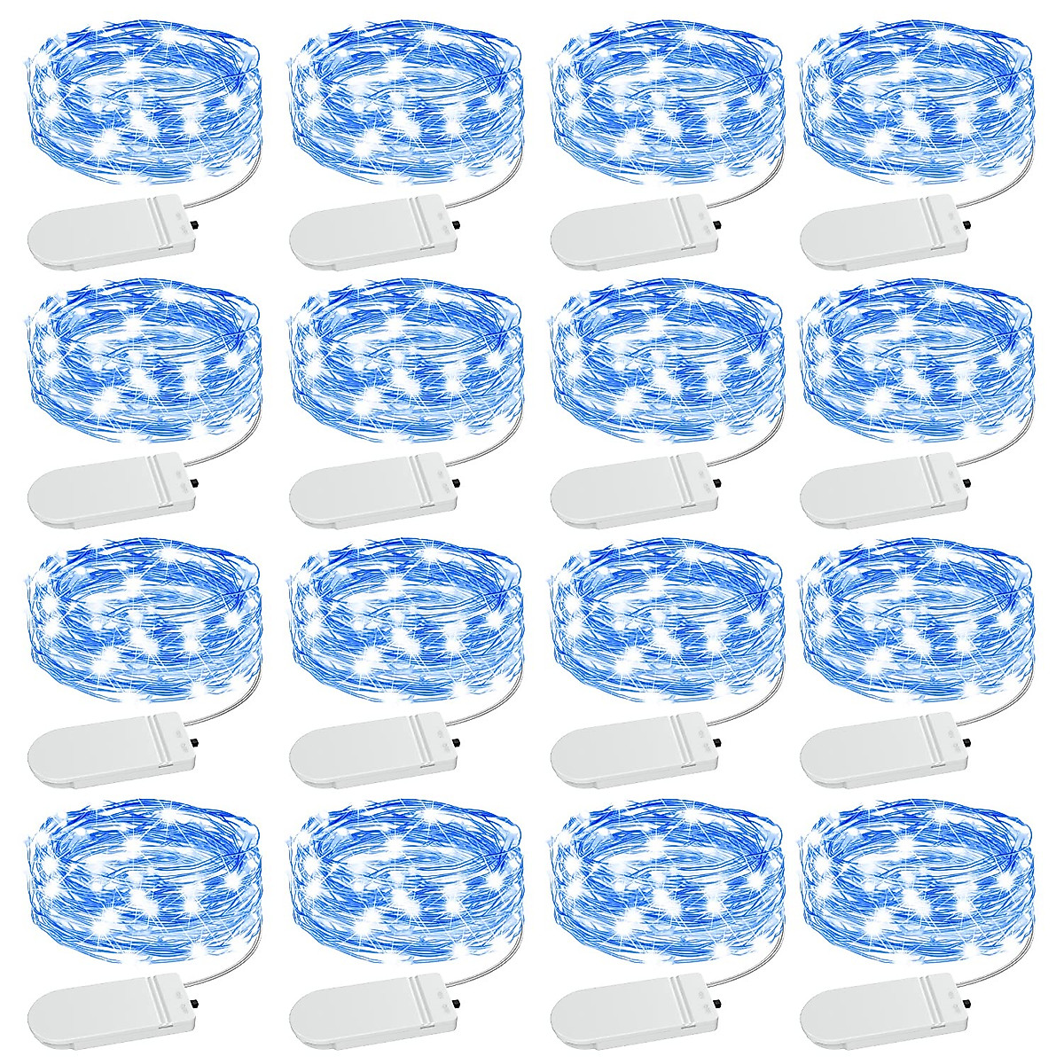 Olafus 16 Pack Cool White and Blue Fairy Lights Battery Operated, Mini Starry String Light Waterproof IP68, 7ft 20 LED Firefly Starry Light Copper Wire for Christmas Decorations Wedding Party DIY